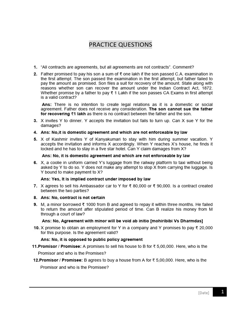 Practice Que With Leading Case Laws-1 | PDF | Consideration | Offer And Acceptance