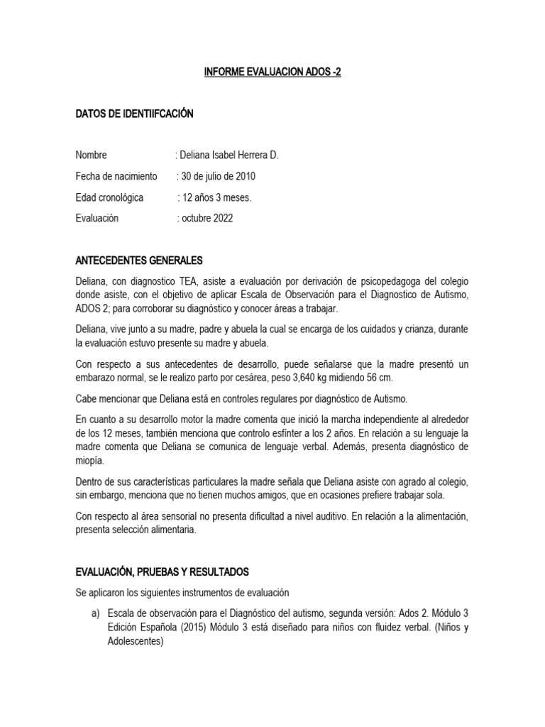 INFORME EVALUACION ADOS Deliana | PDF | Espectro autista | Comunicación