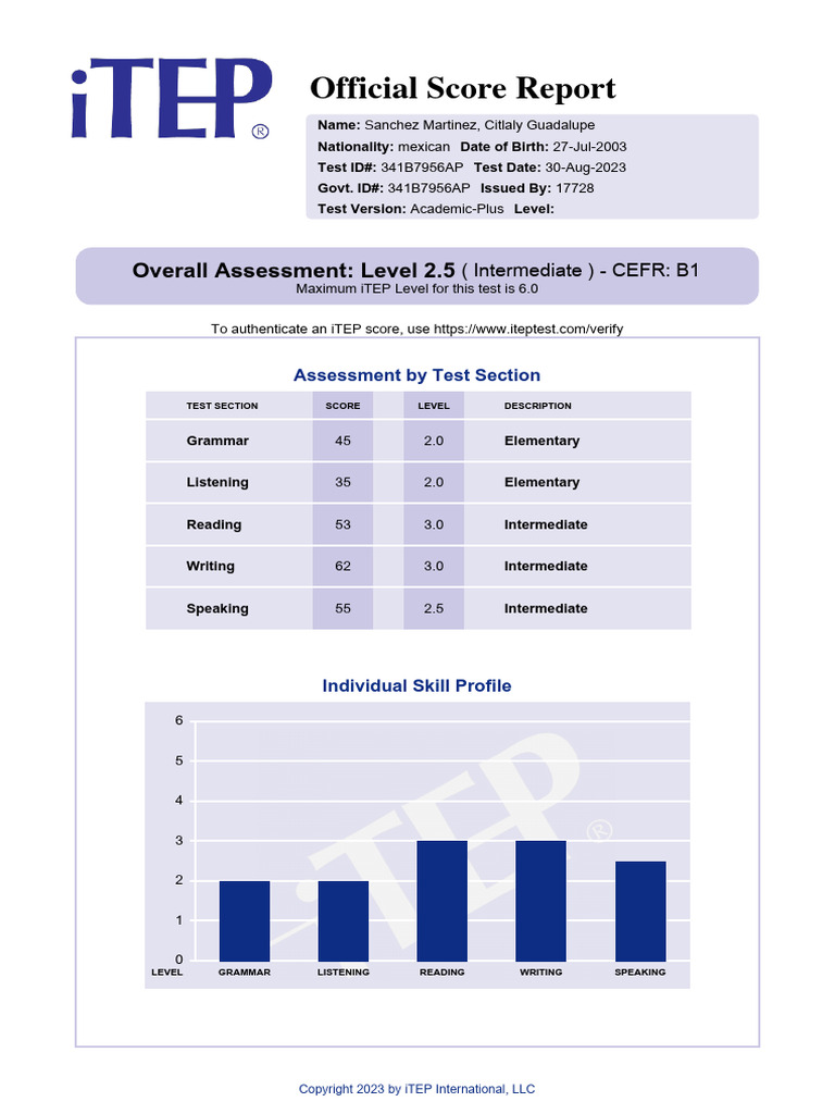 Official Score Report: Overall Assessment: Level 2.5 | PDF | Vocabulary ...