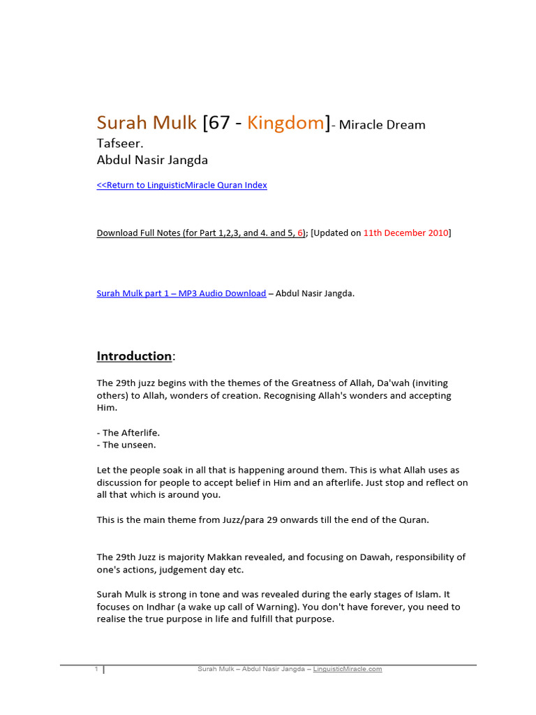 Surah Mulk Tafseer by Abdul Nasir Jangda | PDF | Foreign Language Studies | Religion & Spirituality