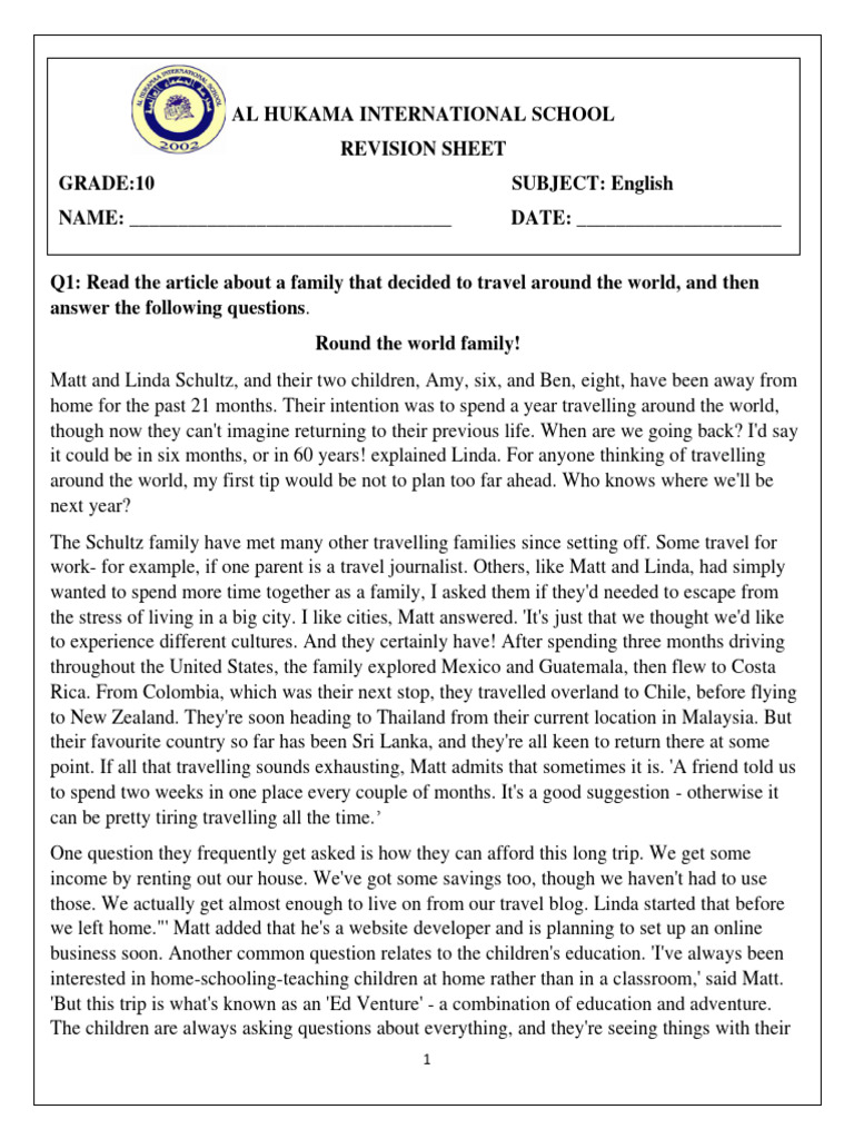 Grade 10 (ESL) Revision Worksheets | PDF