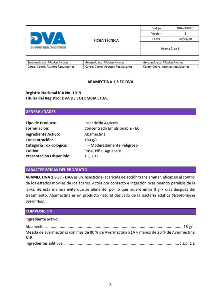 Ficha Técnica Abamectina 1.8 EC | PDF | Tecnología