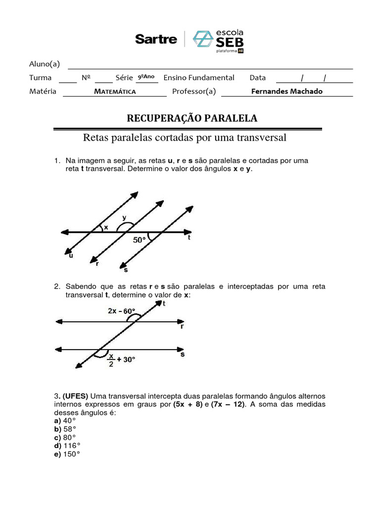 2 +lista Matemática Retas Paralelas Cortadas Por Uma Transversal | PDF