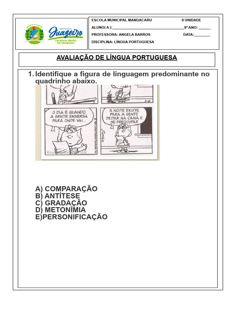 AVALIAÇÃO DE PORTUGUÊS II UNIDADE | PDF