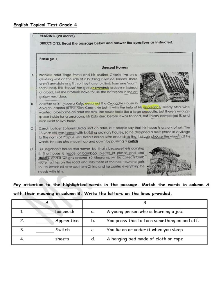English Topical Test Grade 4 | PDF