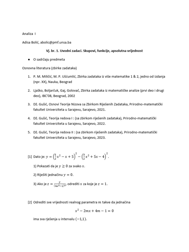 Vj. Br. 1. Uvodni Zadaci. Skupovi, Funkcije, Apsolutna Vrijednost | PDF