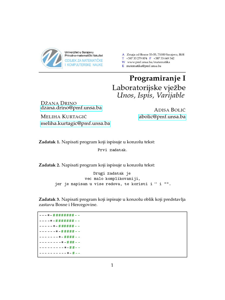 LV 1 - Unos, Ispis, Varijable | PDF