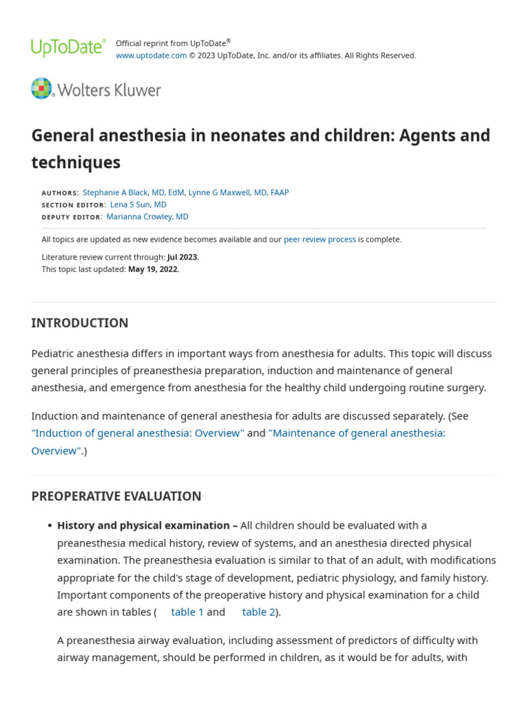 General Anesthesia in Neonates and Children - Agents and Techniques ...