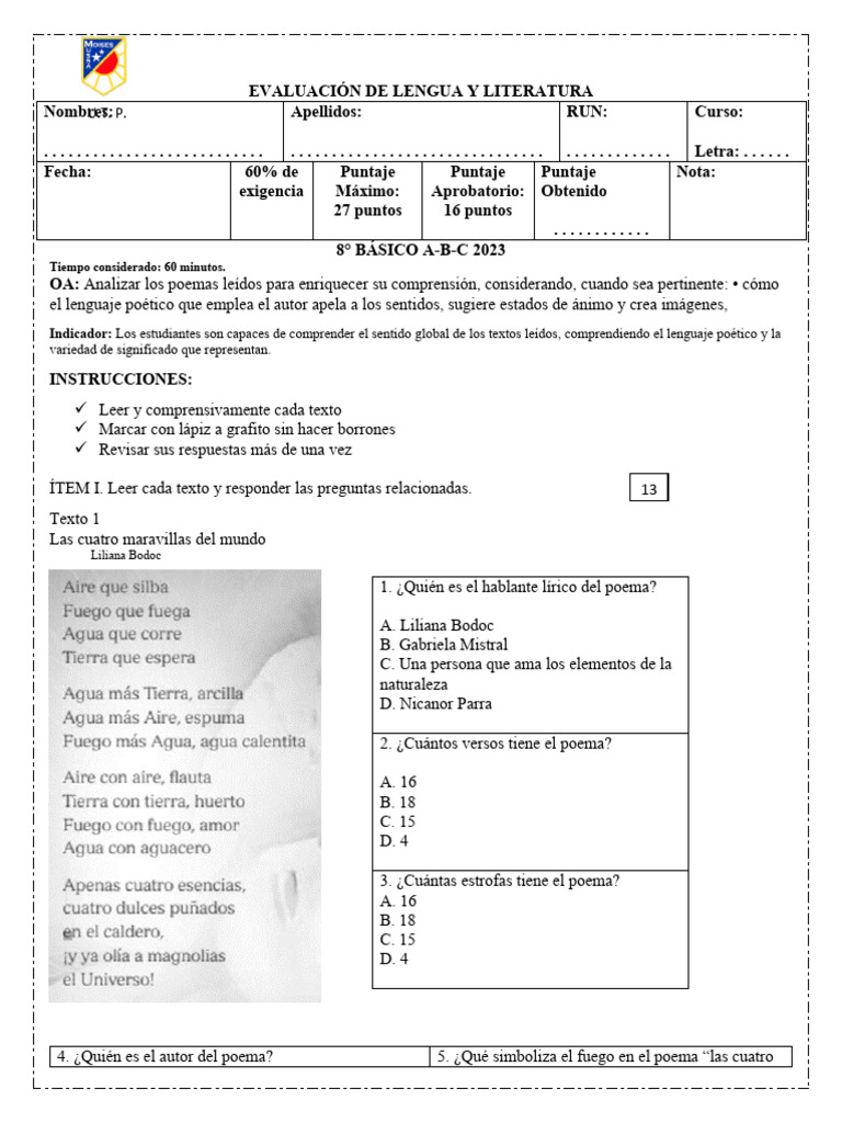 Evaluación de Lengua y Literatura 8°a-B-C | PDF