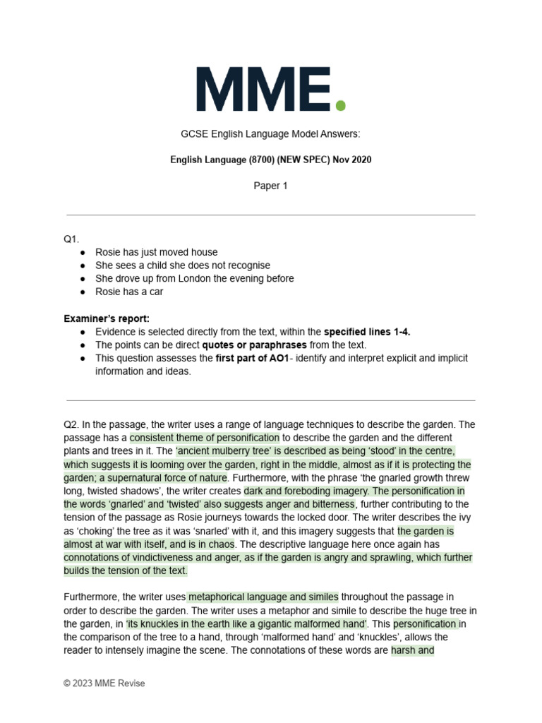 AQA GCSE English Language Model Solutions Nov 2020 Paper 1 | PDF | Narrative | Linguistics