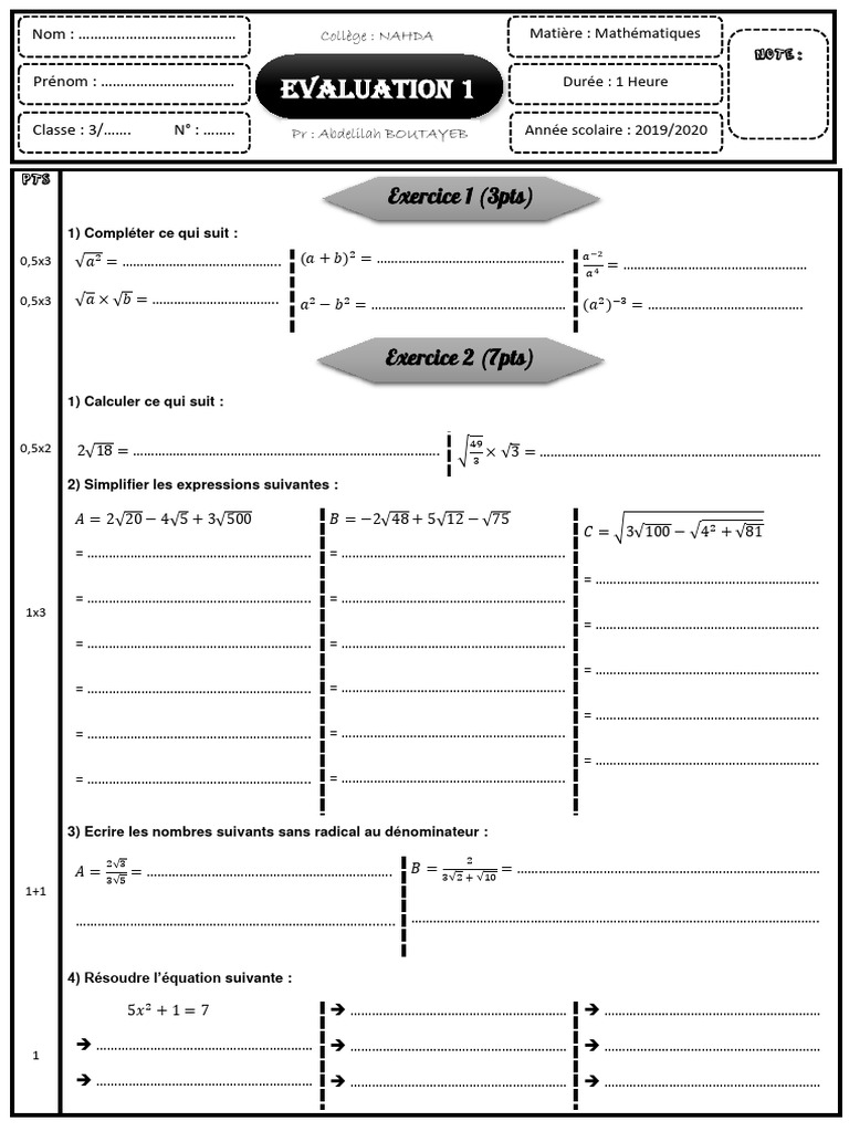 Devoir 1 Modele 4 Mathematiques 3ac Semestre 1 | PDF