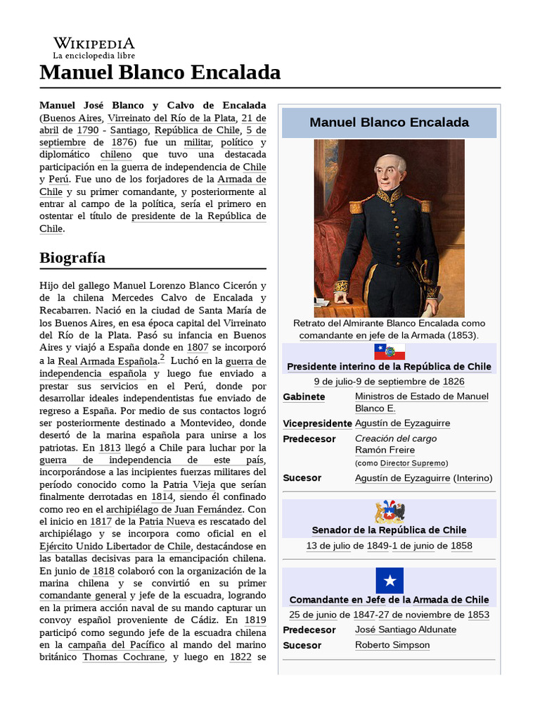 Manuel Blanco Encalada: Pionero Naval y Político Chileno | PDF | Militar