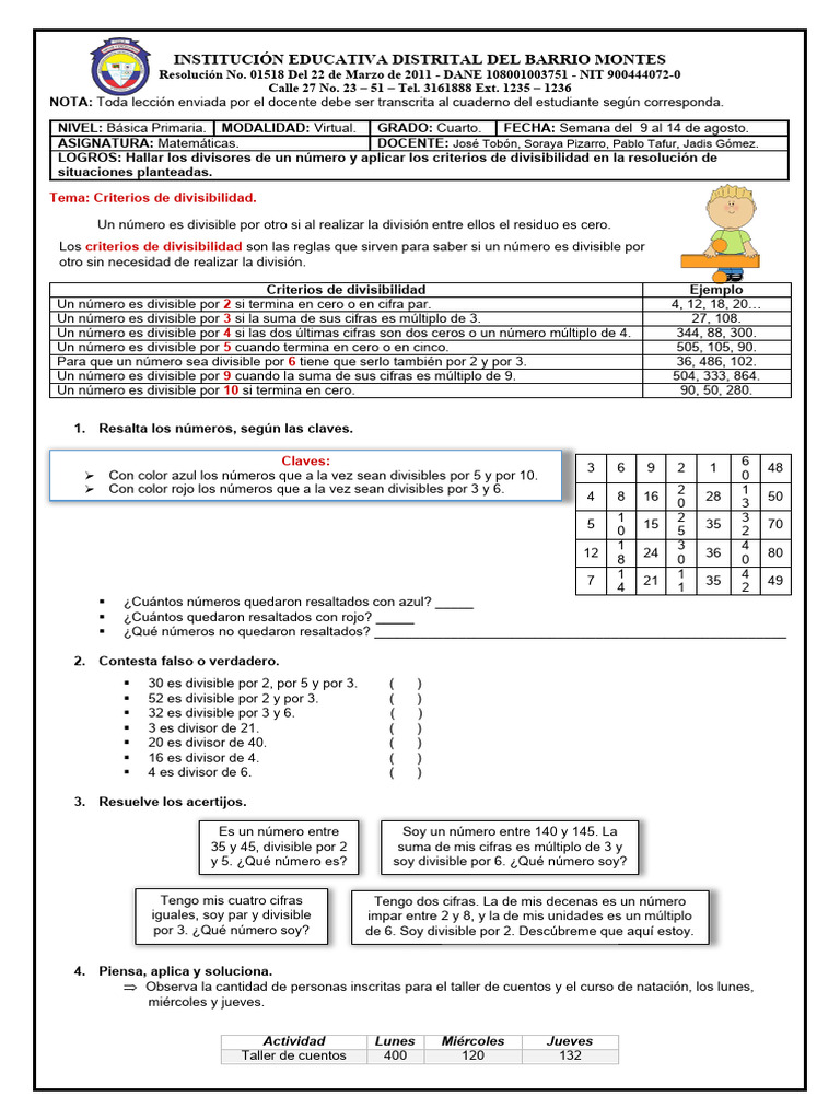 Criterios de Divisibilidad - 9 Al 14 de Agosto | Descargar gratis PDF | Teoría de los números ...