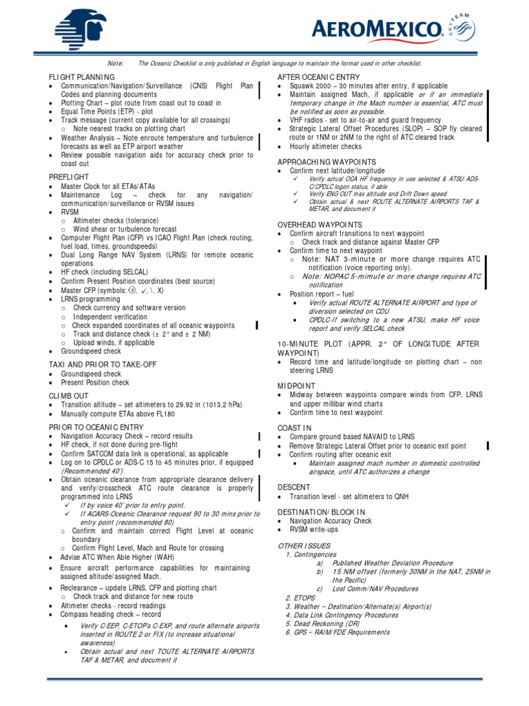 Oceanic Checklist | PDF | Air Traffic Control | Transport Safety