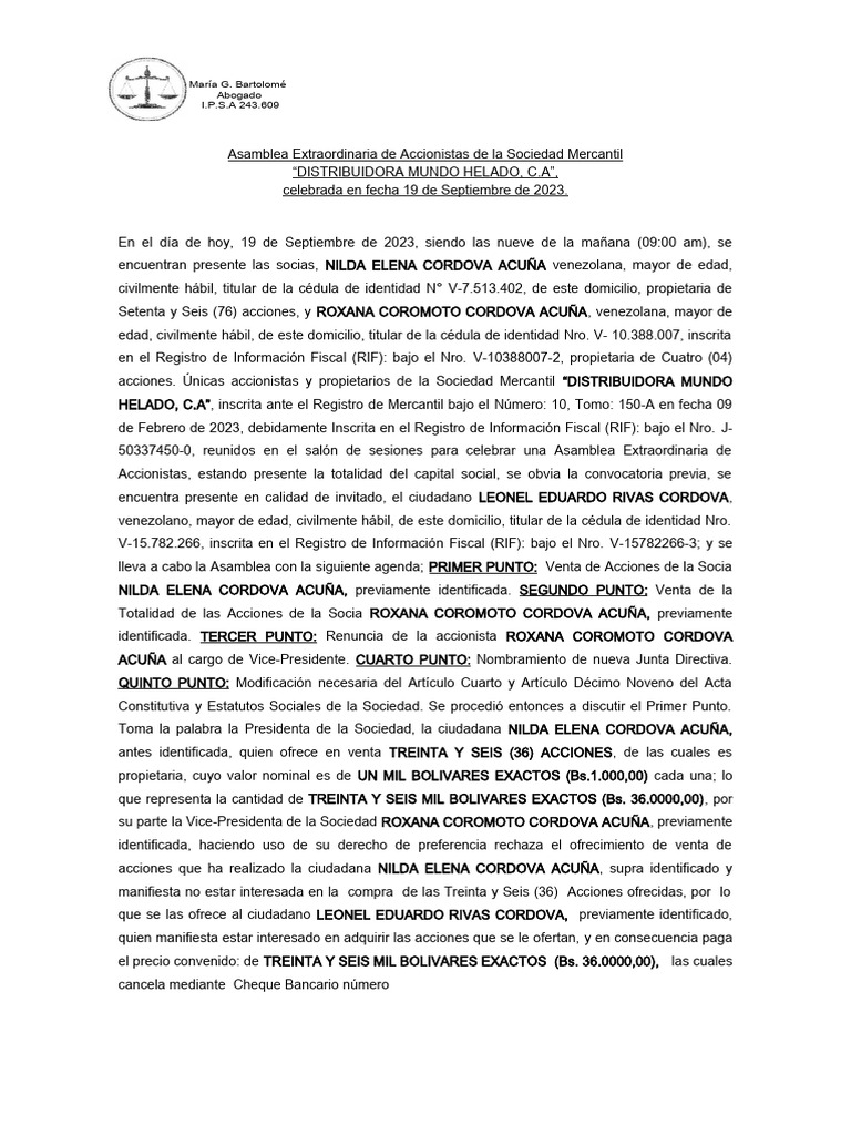 Acta de Asamblea Venta de Acciones | PDF | Compartir (Finanzas)