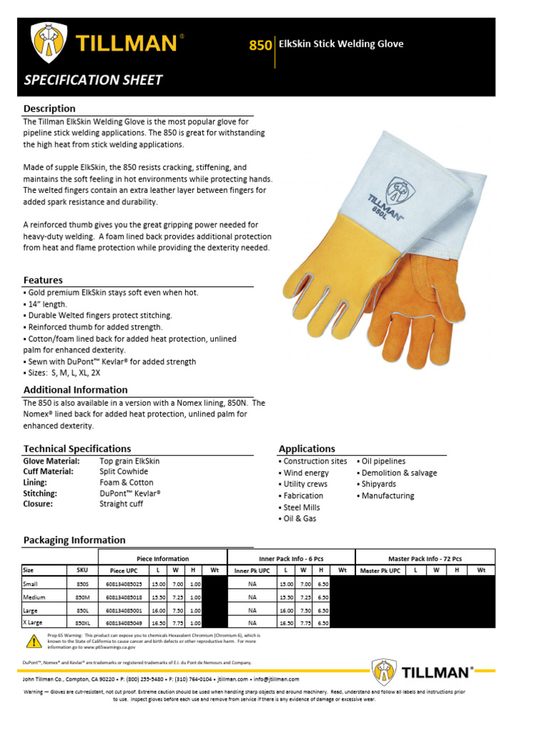 850 Spec Sheet | Download Free PDF | Glove | Welding