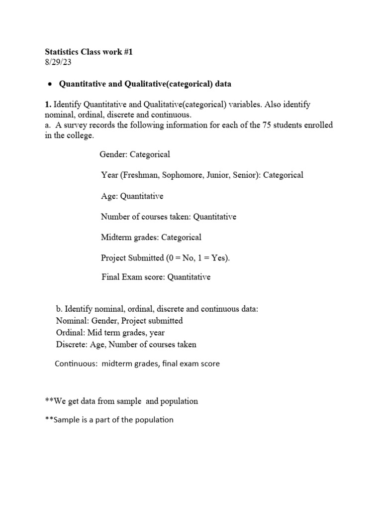 Statistics Class Work # 1-3 | PDF | Sampling (Statistics) | Experiment Statistics Class Work # 1-3 | PDF | Sampling (Statistics) | Experiment