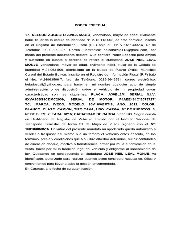 Poder Especial Vehículo | PDF