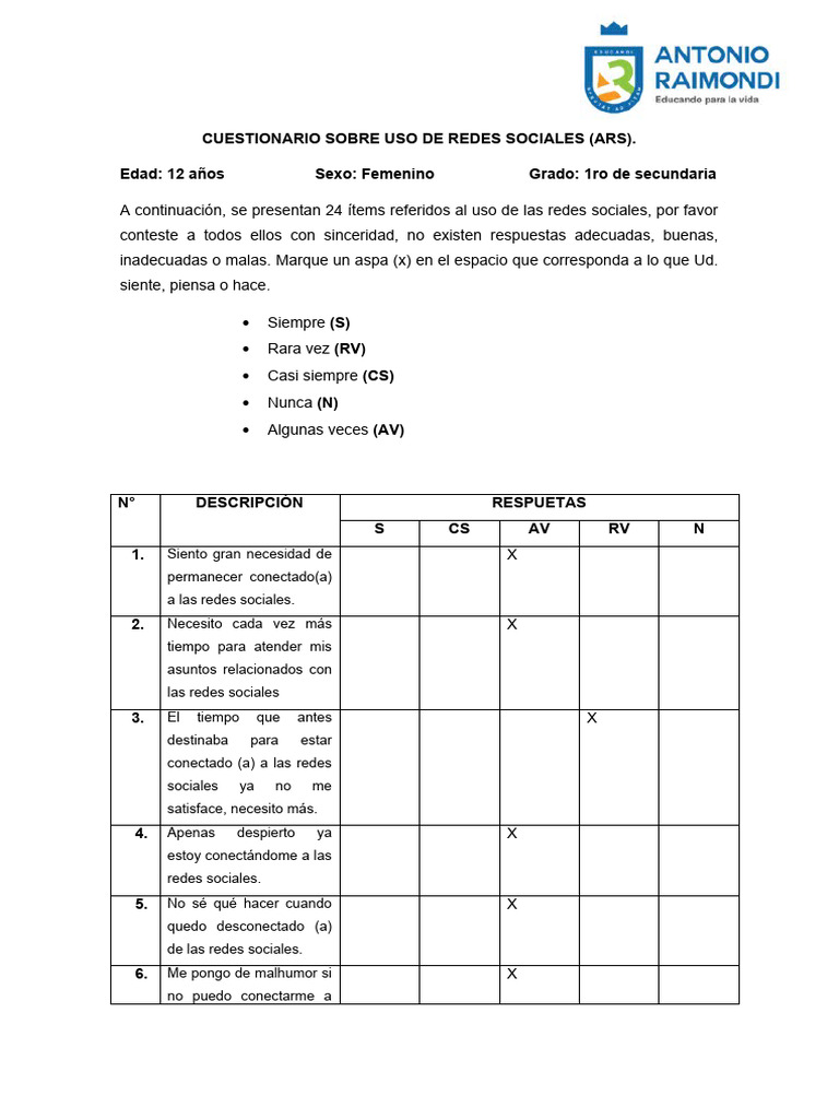 Cuestionario Sobre Uso de Redes Sociales (Ars) | PDF