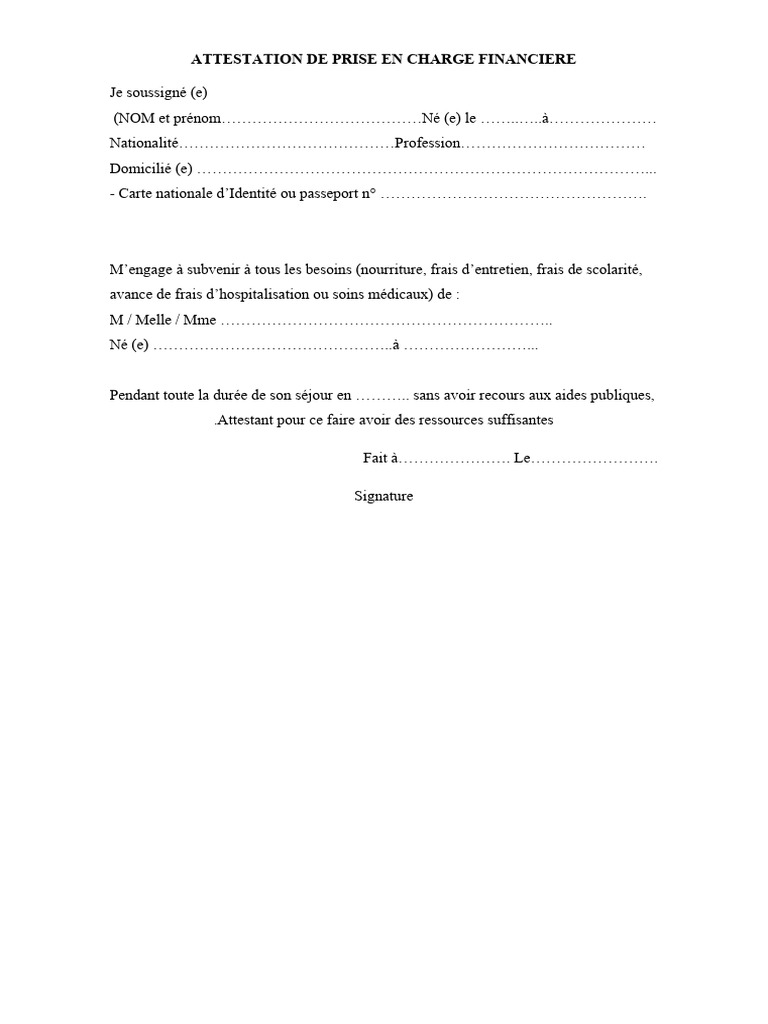 Attestation de Prise en Charge Financiere Etudiant | PDF