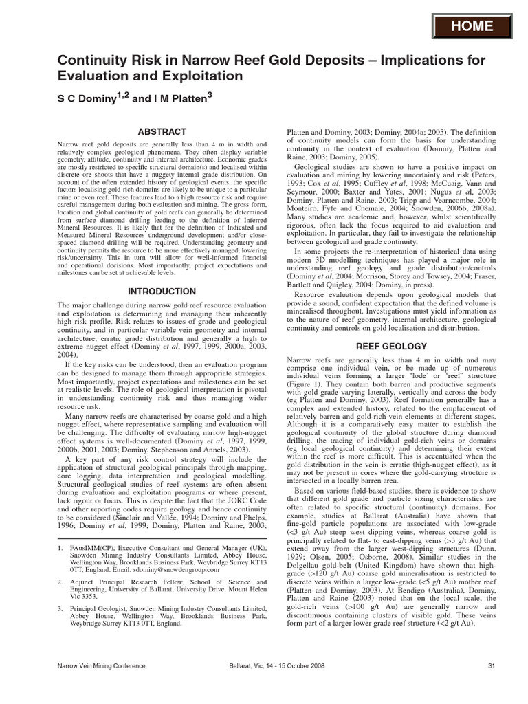 Continuity Risk in Narrow Reef Gold Deposits - Implications For ...
