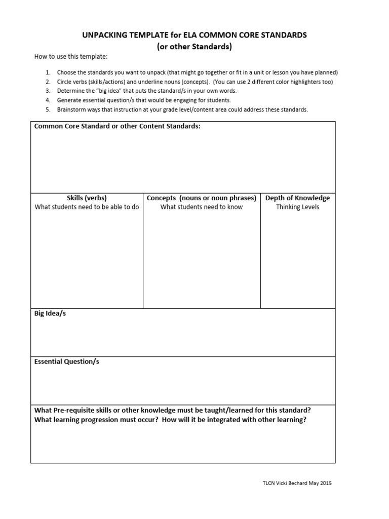 Unpacking ELA Common Core Standards Template | PDF | Art