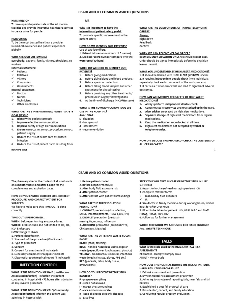 CBAHI and JCI Common Asked Questions. 2023 | PDF | Patient | Patient Safety
