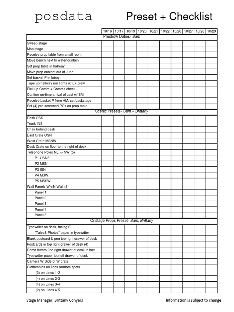 Stage Crew Preset Checklist | PDF