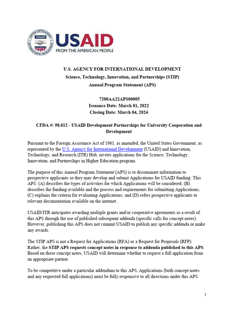USAID STIP Annual Program Statement | PDF | United States Agency For ...