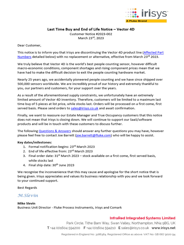Vector 4D Product Discontinuation Notice | PDF | Technology & Engineering