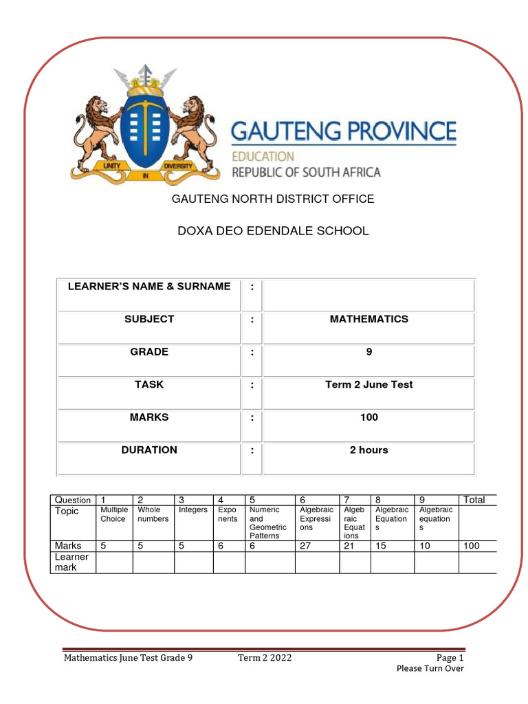 Grade 9 Term 2 June Test 2022 Final | PDF | Algebra | Equations