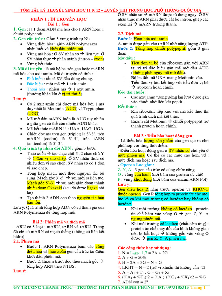 Tom Tat Ly Thuyet Sinh Hoc 11 - 12 - Luyen Thi THPTQG | PDF