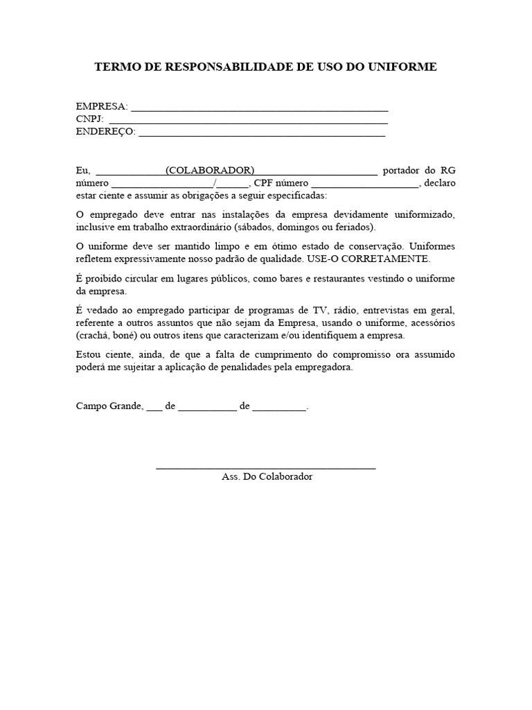 E Modelo Termo De Responsabilidade De Uso Do Uniforme Pdf