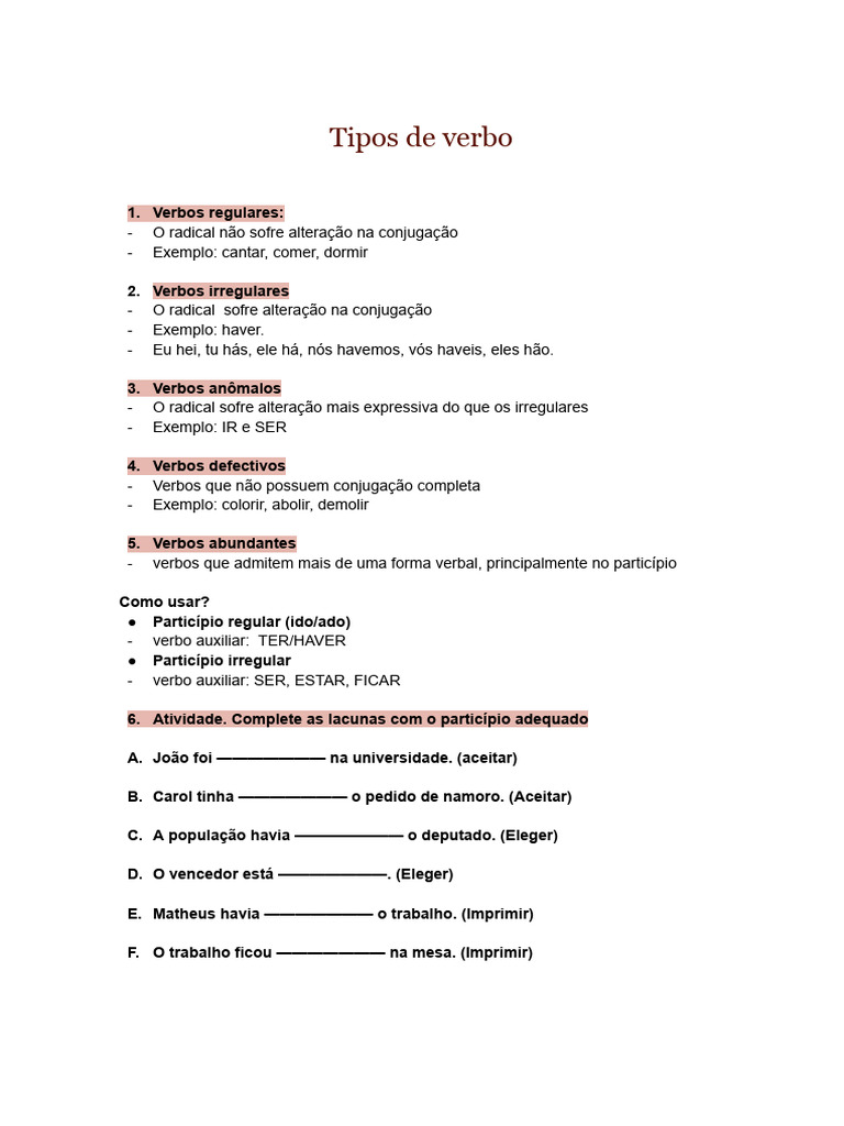 Gramática Tipos de Verbo | PDF | Artes Linguísticas e Disciplina ...