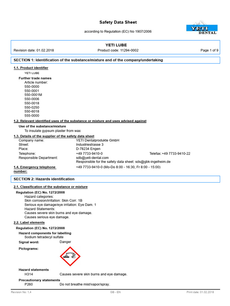 Safety Data Sheet: SECTION 1: Identification of The Substance/mixture and of The Company ...