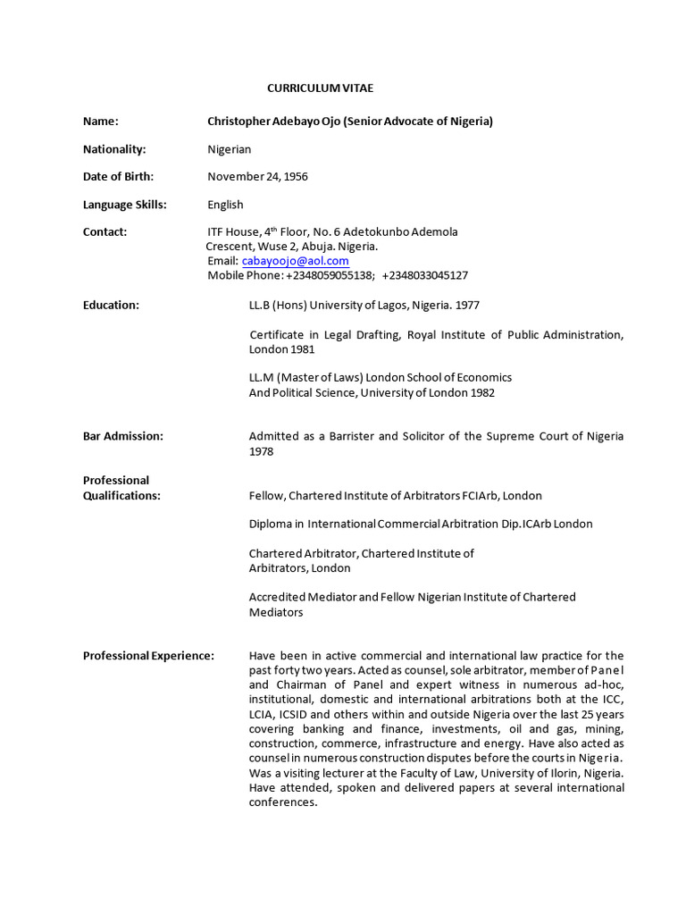 CV Ojo | PDF | Barrister | Arbitration