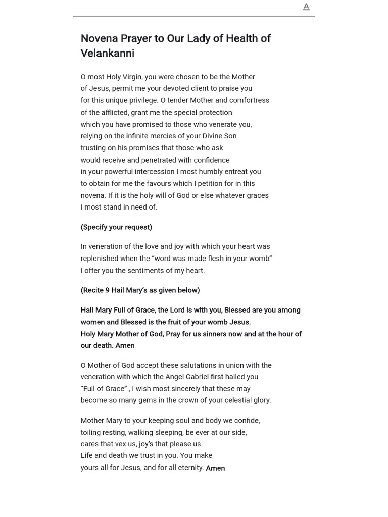 Novena Prayer To Our Lady of Health of Velankanni | PDF | Cooking, Food & Wine | Religion ...