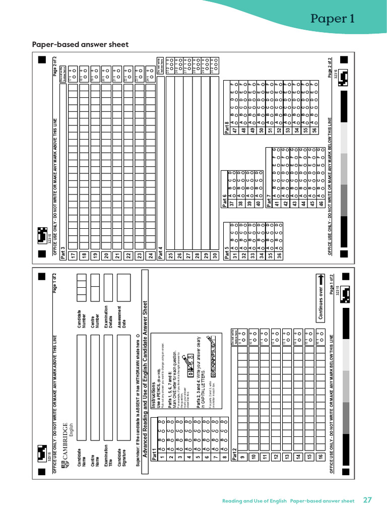 CAE Reading and UoE Answer Sheet | PDF | Evaluation Methods ...