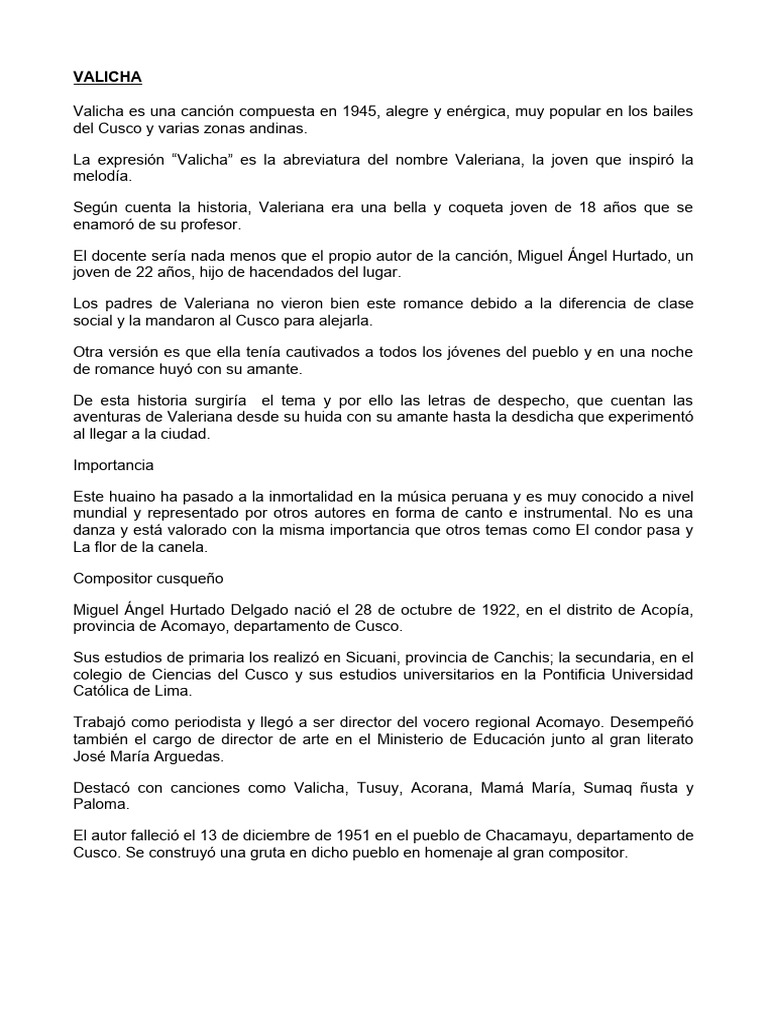 Valicha Danza Cuzco Peru | PDF | Bailes | Perú