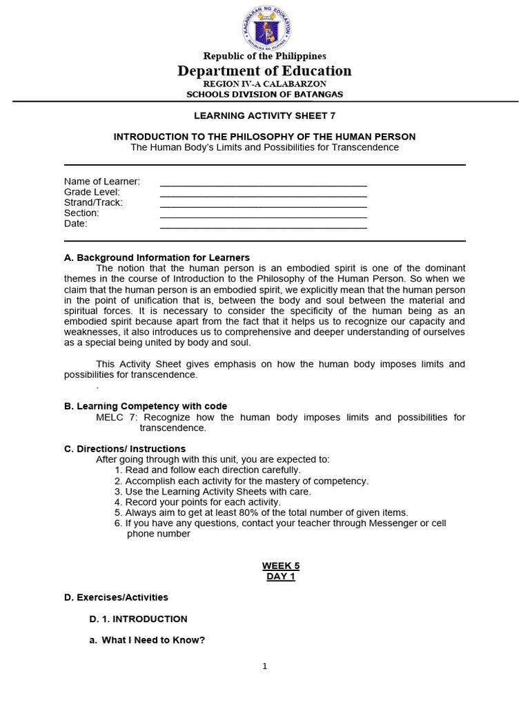 MELC 7 Introduction To Philosophy of The Human Person Activity Sheet | PDF