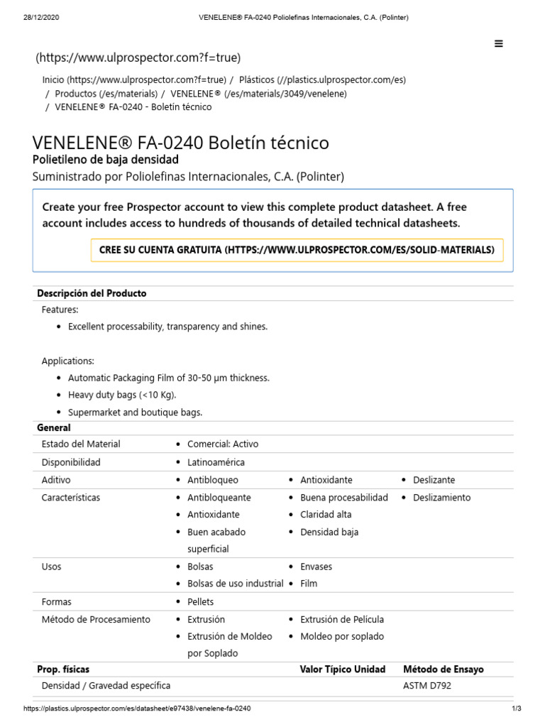 VENELENE® FA-0240 Poliolefinas Internacionales, C.A. (Polinter) | PDF ...