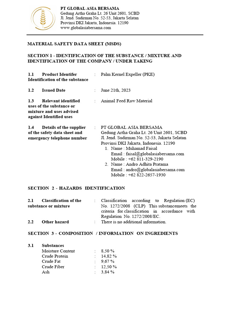 Material Safety Data Sheet (PKE) | PDF | Firefighting | Combustion