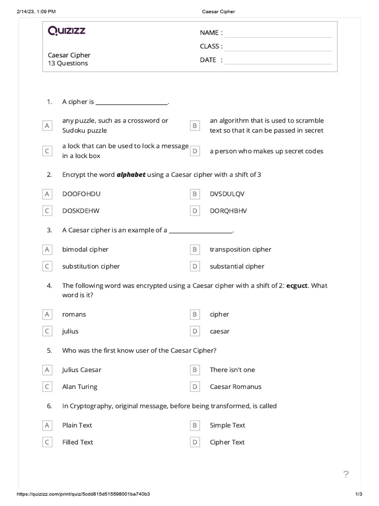 Caesar Cipher Quizz | PDF