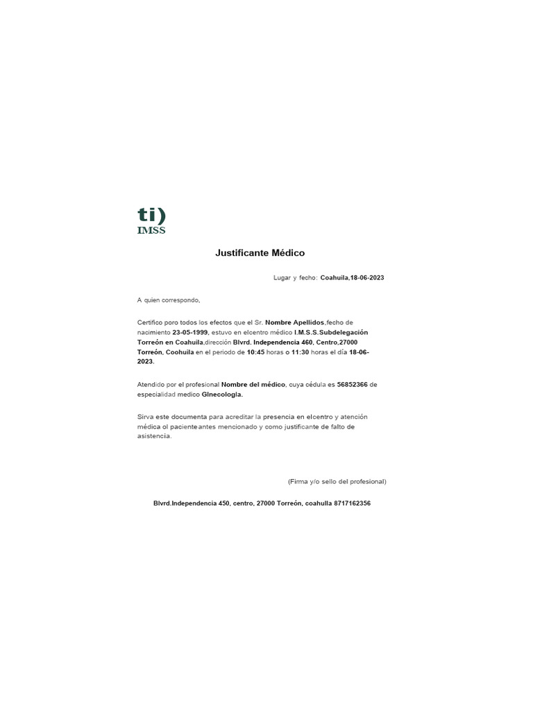 Ejemplo Justificante Medico Imss | PDF