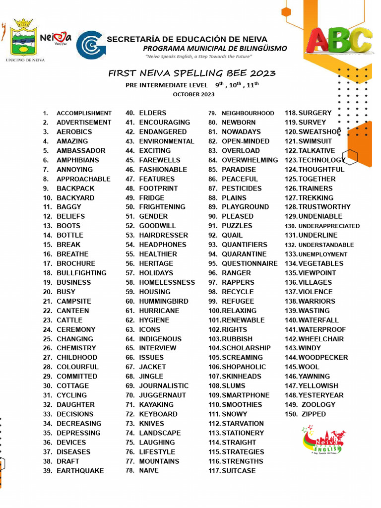 Neiva Spelling Bee 2023 Vocabulary List | PDF