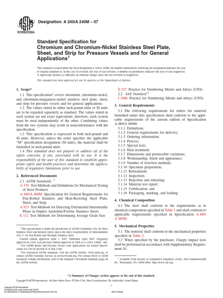 Astm A240 A240m 07 | PDF | Stainless Steel | Steel