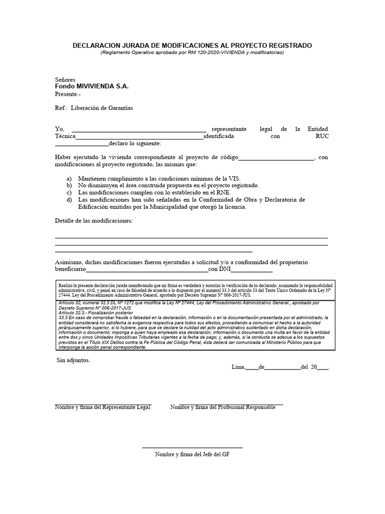 Formato de Declaracion Jurada Con Variaciones Menores - para Liberacion de Garantias | Descargar ...