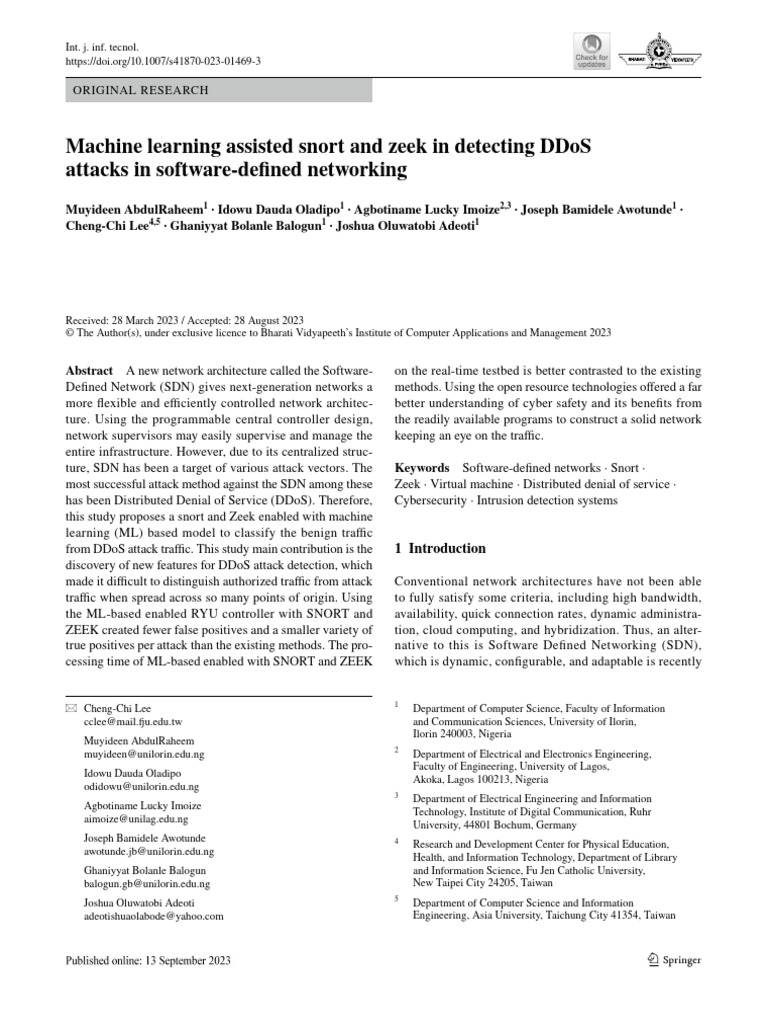 Machine Learning Assisted Snort and Zeek in Detecting Ddos Attacks in Software Defined ...
