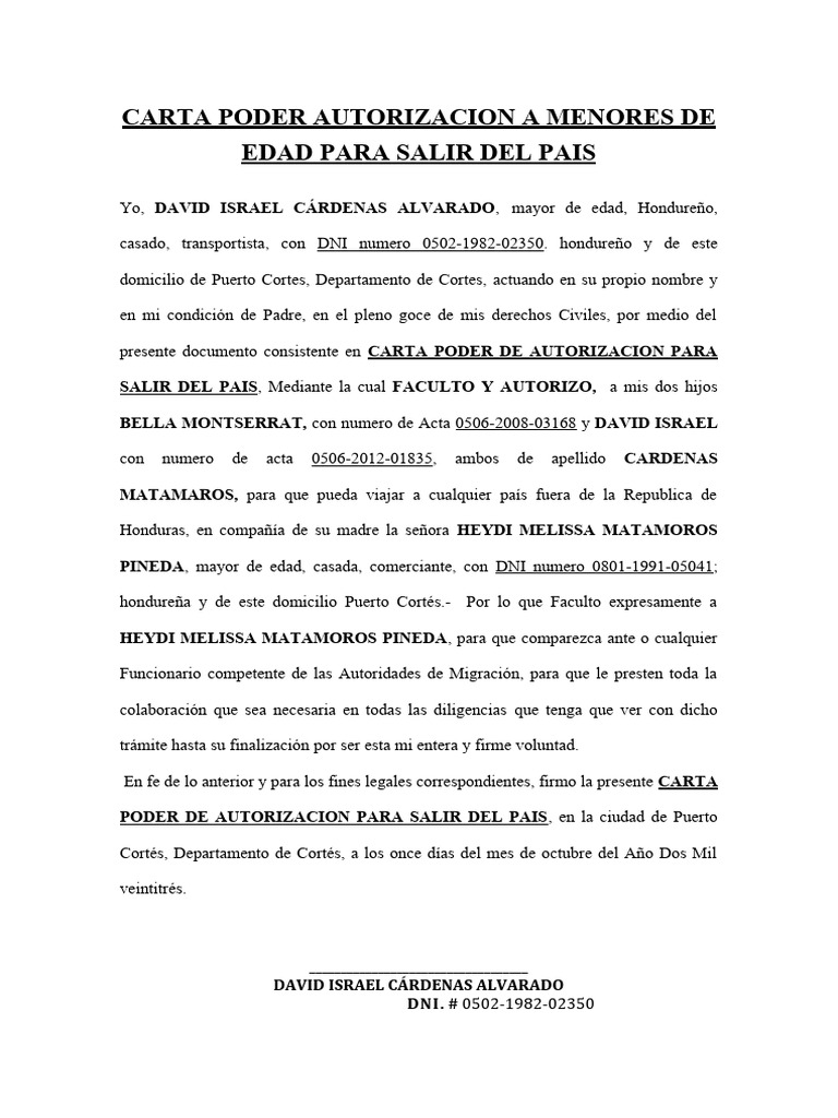 Carta Poder Autorizacion para Salir Del Pais | PDF Carta Poder Autorizacion para Salir Del Pais | PDF