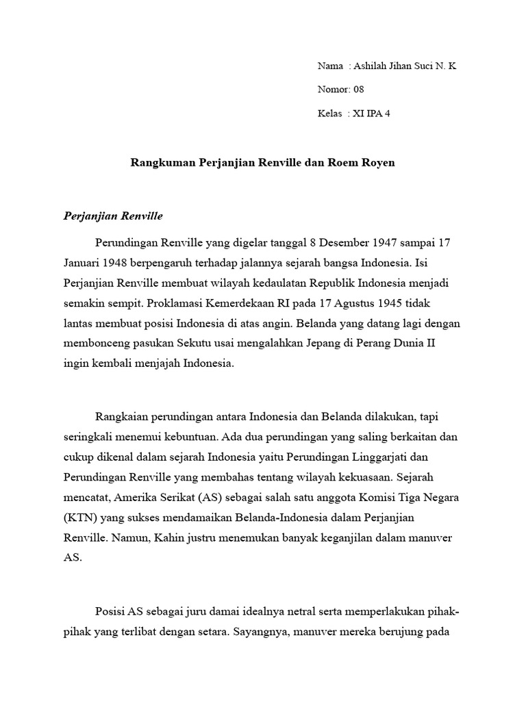 Ashilah A4-Perjanjian Renville Dan Roem Royen | PDF | Sejarah
